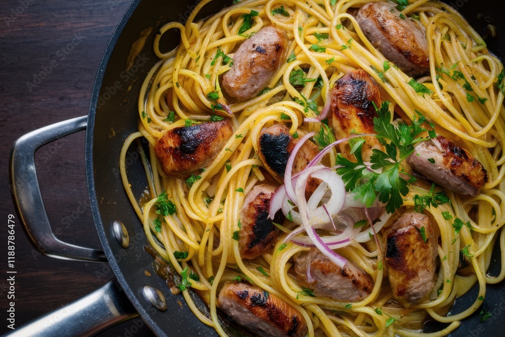 Pasta dish, spaghetti with meatballs, skillet, rustic, overhead view ...