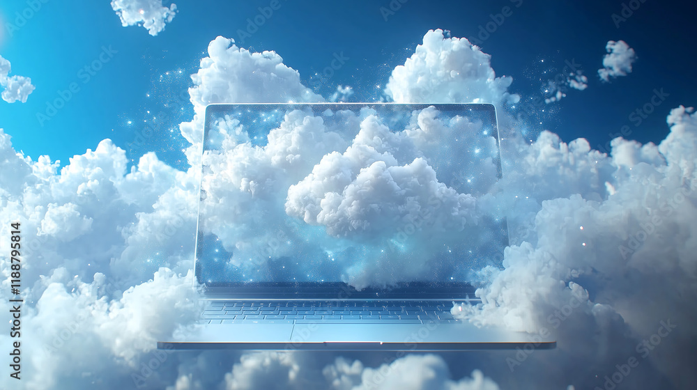 laptop displays a realistic cloudscape symbolizing cloud computing The device is surrounded by ...