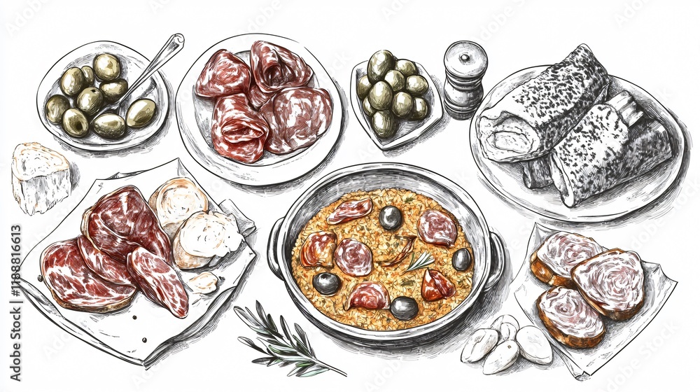 Authentic Hand-Drawn Spanish Food Sketch Illustrations for Menus and ...