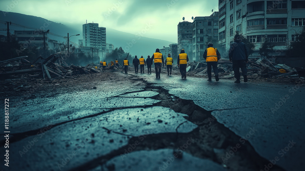 Rescue teams walk on cracked roads after devastating earthquake. City ...