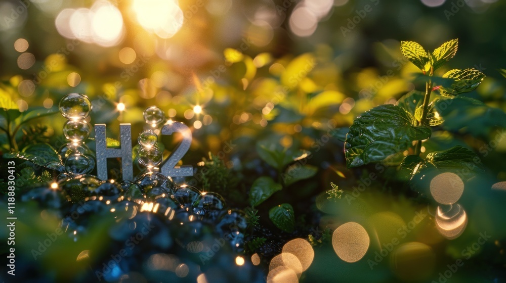 Words H2 hydrogen in bubbles on a forest background.H2 hydrogen ...