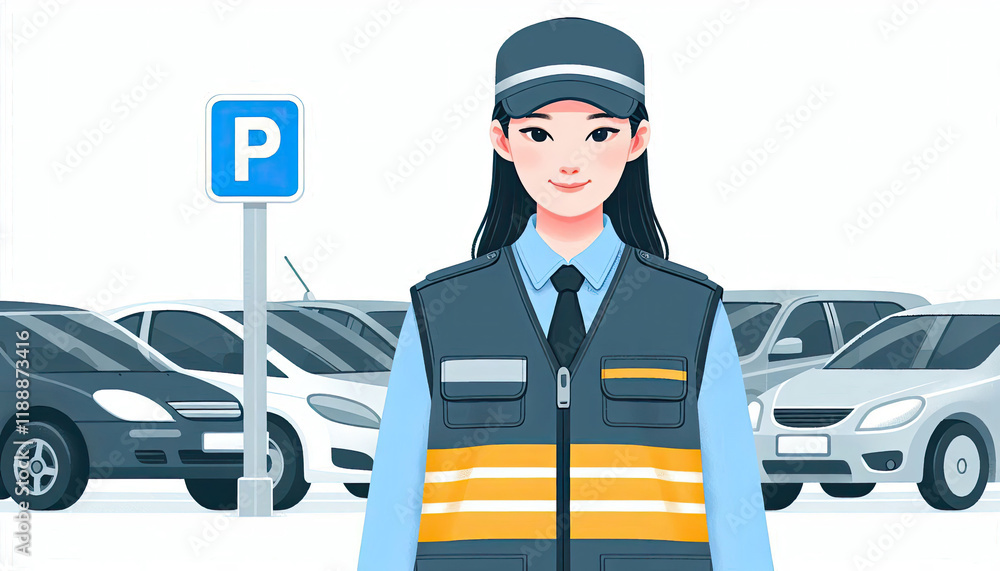 Parking security guard smiling in a parking lot with cars and parking ...