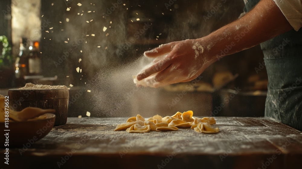 Italian pasta making, hands dusting flour, rustic wooden table, fresh ...