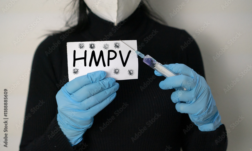 HMPV Doctor showing syringe and hmpv sign for human metapneumovirus ...