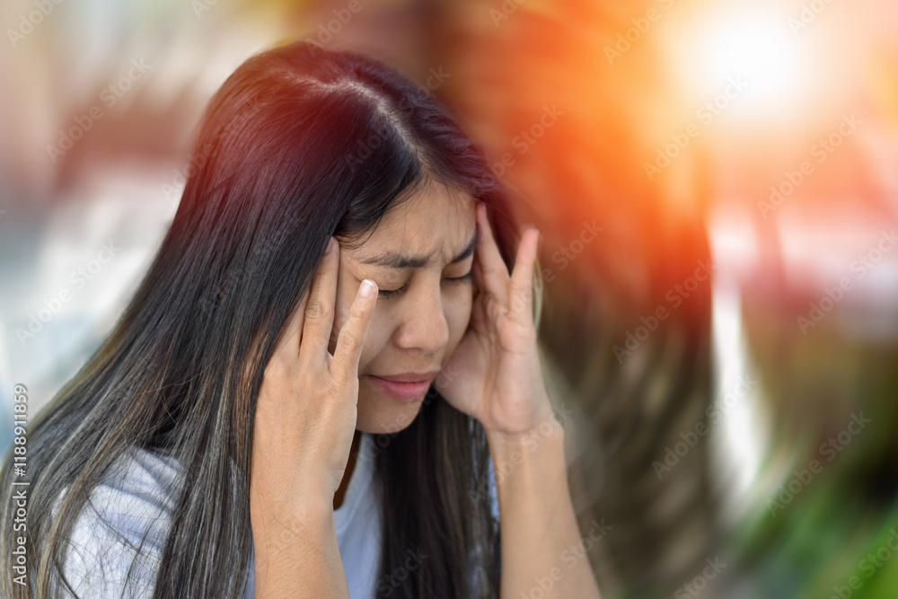 Vertigo illness concept. Woman hands on head felling headache dizzy ...