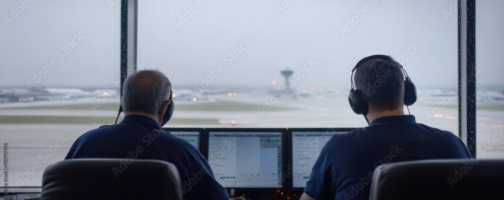 Air traffic controllers monitor flight operations from control tower ...