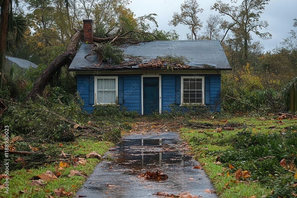 natural disaster impact fallen tree damage to residential property ...