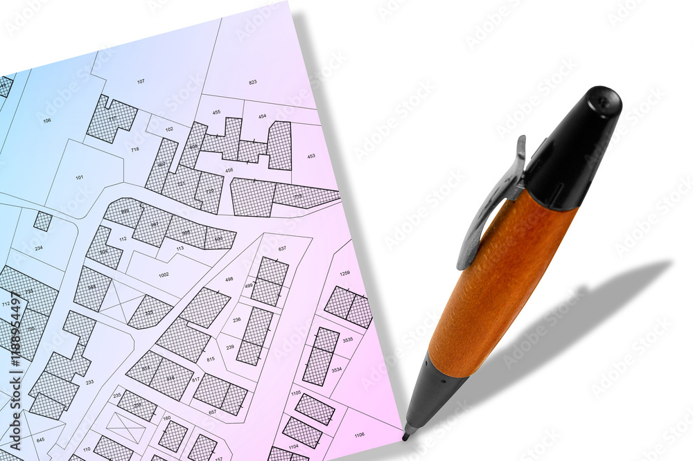 FICTIONAL CADASTRAL MAP WITH BUILDINGS land parcel and vacant plot ...