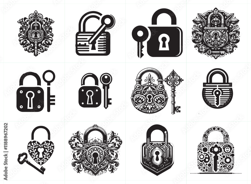 Bold and Modern Lock and Key Silhouette with Smooth Edges and a Solid ...