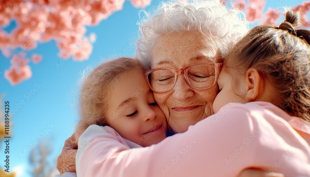 A loving grandma hugs her family tightly, radiating warmth and ...