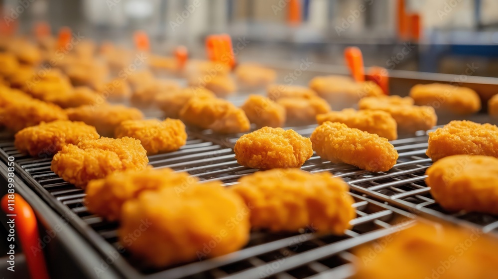 Foto de Stock Golden-brown chicken nuggets cooking on metal grid ...