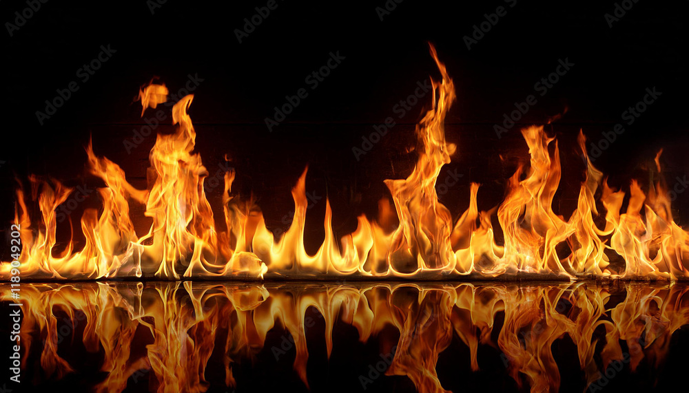 actual line of fire flames with reflection isolated on black history ...