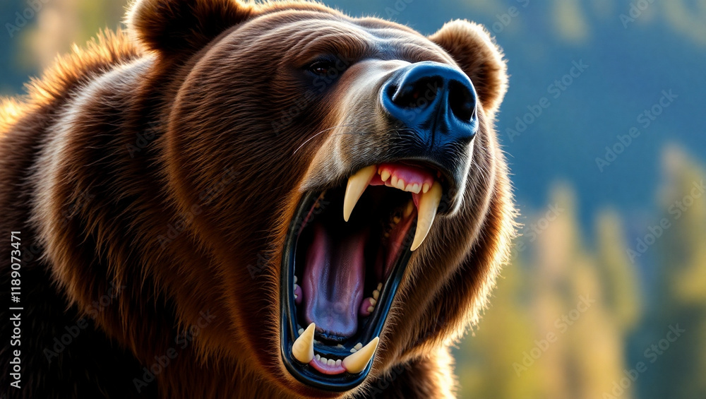 Fierce grizzly bear roaring, extreme close-up, sharp teeth, wide open ...
