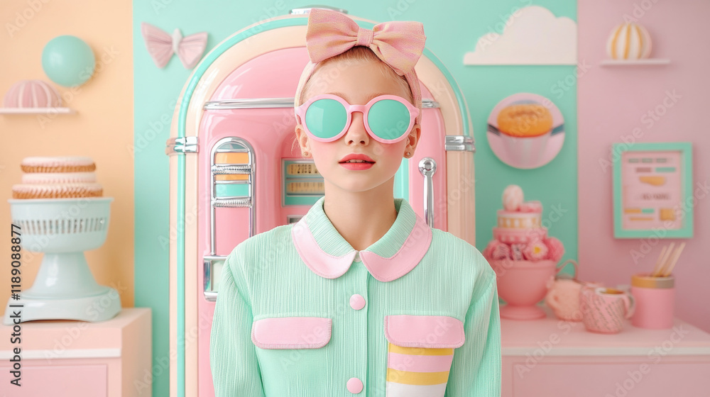 Retro pastel, A vibrant pastel jukebox featuring mint and blush colors, designed for high ...