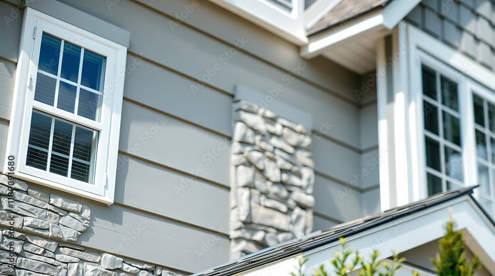 Modern House Exterior: Grey Siding, White Windows, and Stone Accents ...