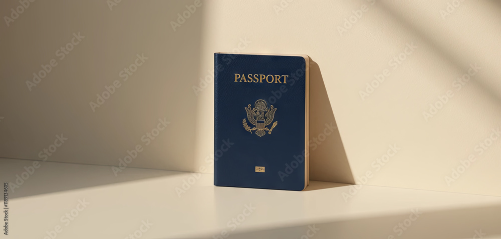 A blue passport is positioned upright against a light background ...