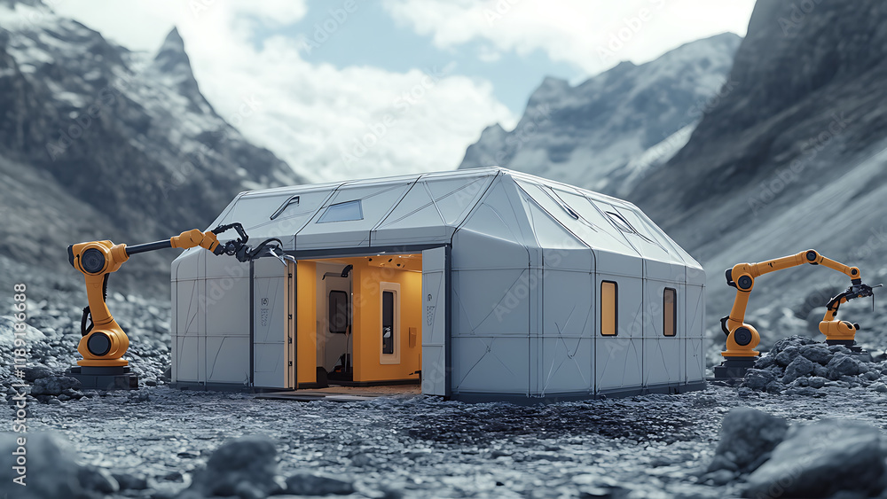 futuristic 3D printed emergency shelter with robotic arms, set in ...