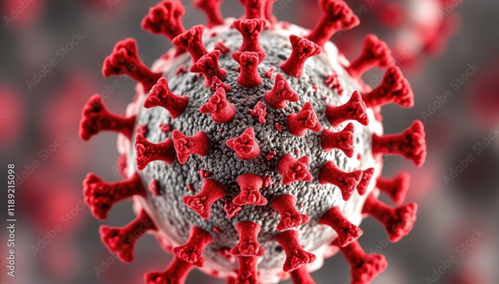 Microscopic view of HMPV virus particle Red spikes and textured surface ...