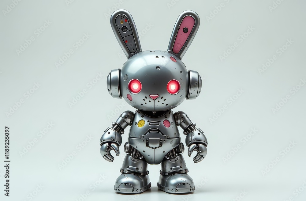 Futuristic metallic bunny robot with glowing red eyes and detailed ...