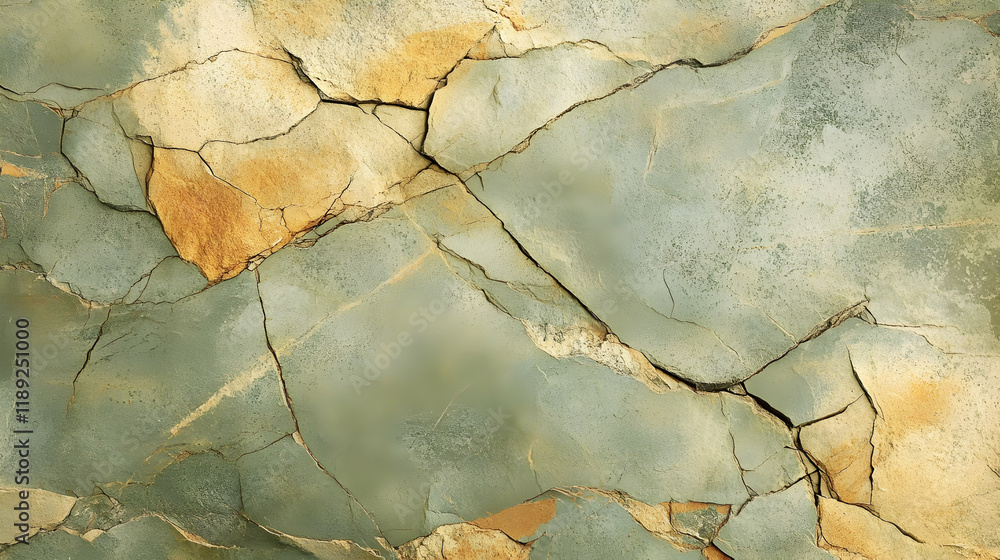 Muted olive green and ochre stone texture with cracked, layered ...