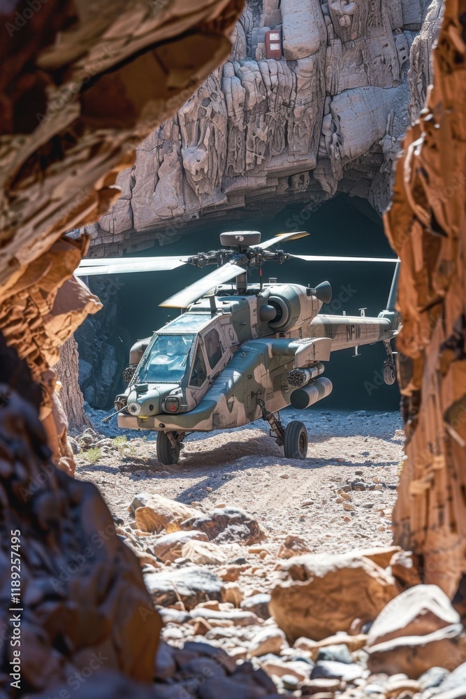 Ah-64 apache helicopter emerges from hidden cave in rugged terrain ...
