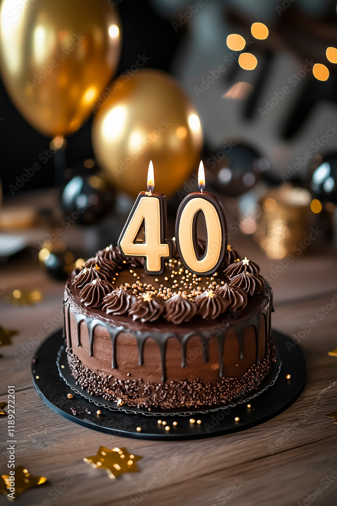 Chocolate 40th birthday cake with drip icing and golden decorations ...