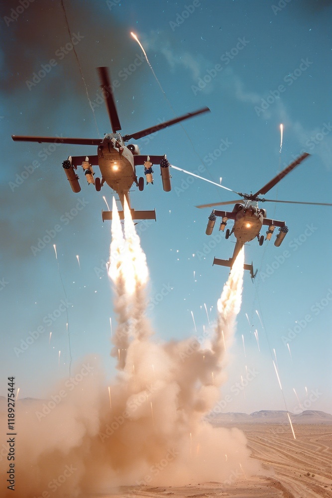 Dramatic action of two ah-64 apache attack helicopters in desert warfare environment Stock ...