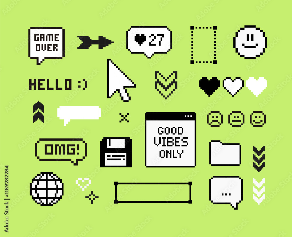 Y2k Pixel game elements and stickers of 90's aesthetics. 8-bit retro ...