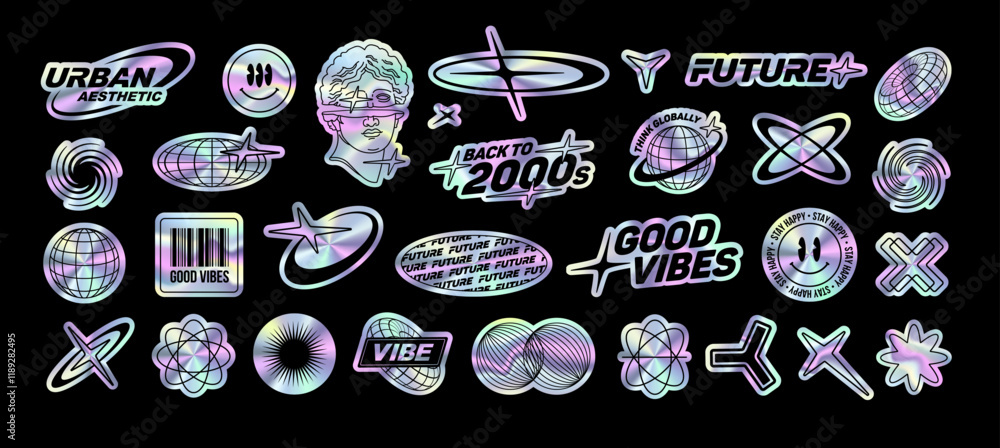Perfect Y2K holographic stickers pack of text quotes label collection ...