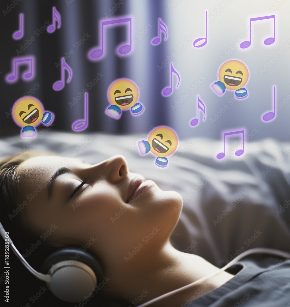 Smiling happy young woman with headphones,musical notes and laughing ...