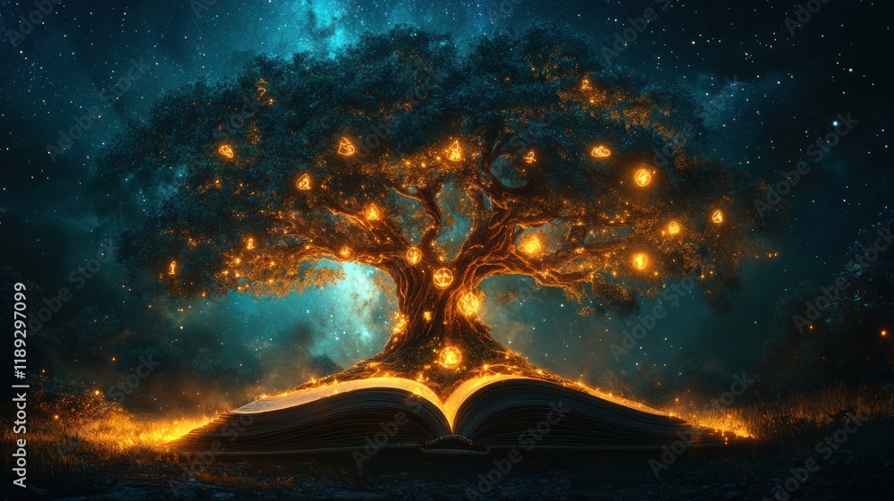 Illuminated tree growing from an open book under a starry night sky. Stock Illustration | Adobe ...