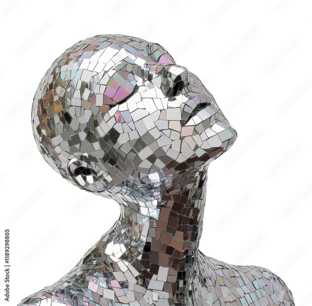 Mosaic mirrored sculpture of a human head looking upwards on ...