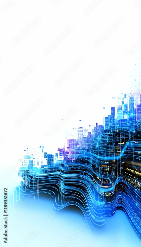 Futuristic city skyline digital art; abstract waves, glowing buildings ...