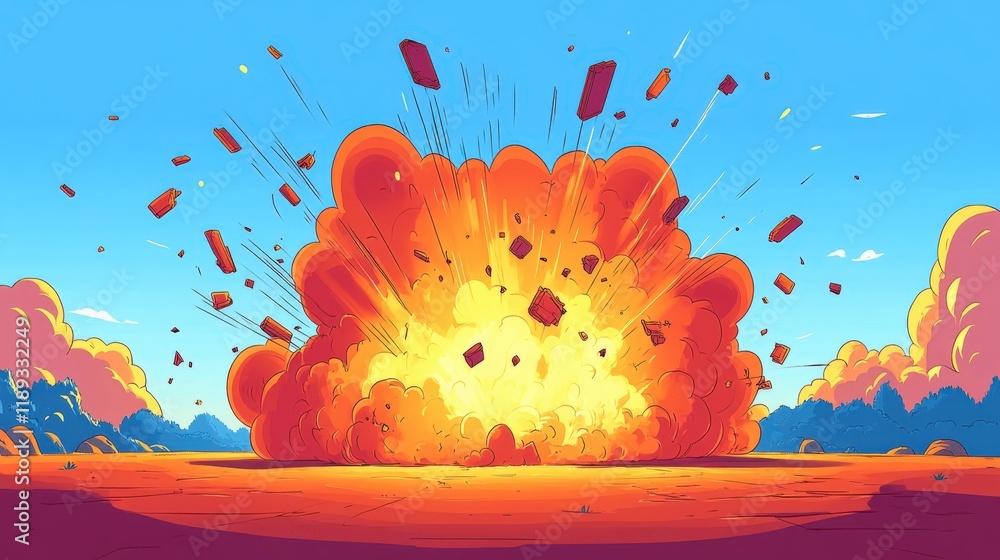 Dynamic Cartoon Explosion with Vibrant Flames and Smoke in Blue Sky ...
