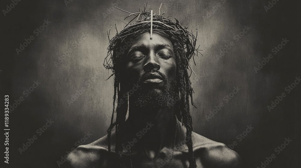 Black Jesus with dreadlocks and a crown of thorns, captured in a ...