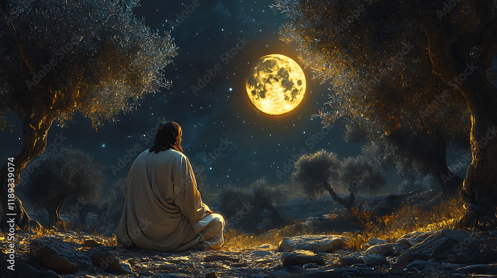 Jesus kneeling in prayer under a glowing moon, dramatic shadows cast by ...