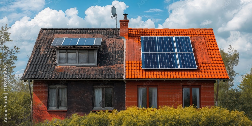 Old red brick house with half-cleaned roof shows before, after cleaning ...