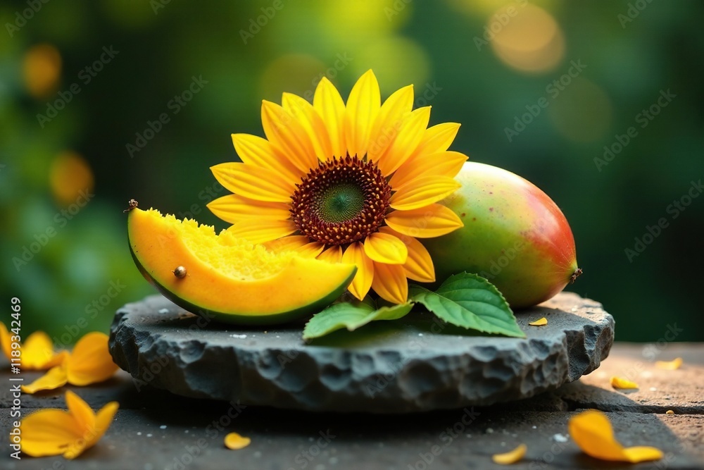 Sunflower and mango leaf garnished golden kalash on a stone pedestal ...