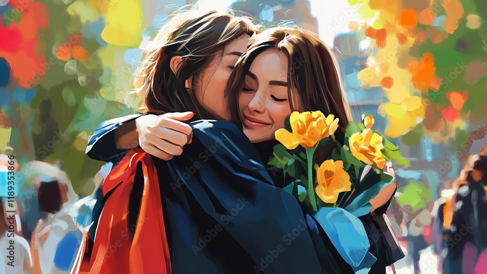 photorealistic,Graduation, education and hug with woman student friends ...