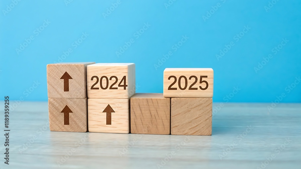 2025 Happy New Year. Wooden cube block change from 2024 to 2025 on blue ...