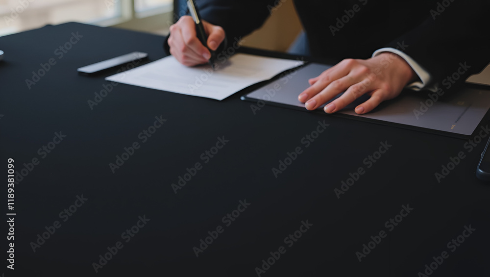 Signing a contract on a black table Stock Photo | Adobe Stock
