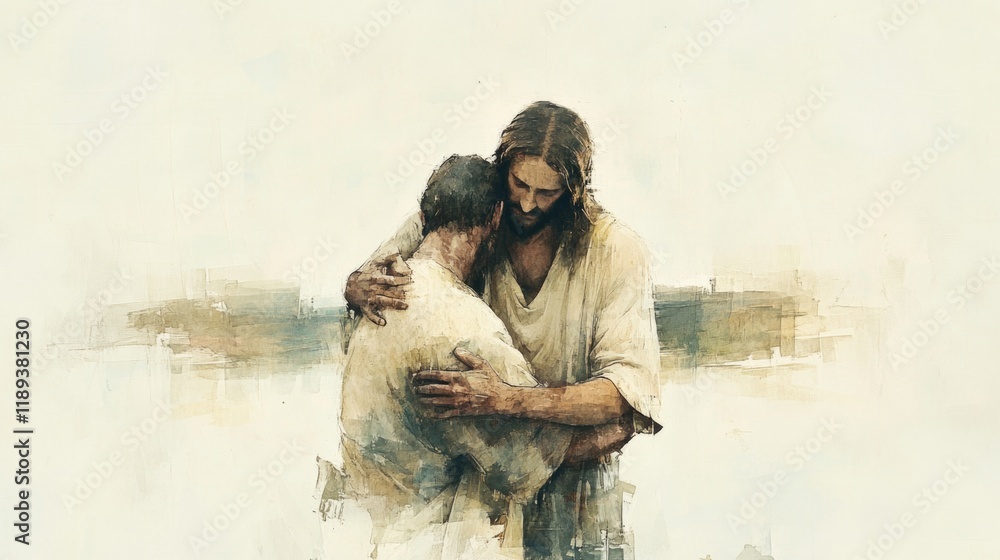 Watercolor painting of Jesus embracing an elderly man, conveying warmth ...