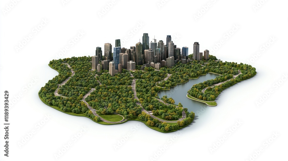 City island, urban park, roads, buildings, lake, 3d model, isometric ...