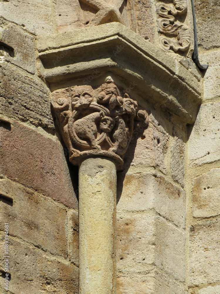 Romanesque Basilica of Saint Julian. (12th century). Detail of capital ...