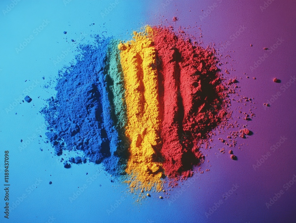 Colorful powder is spread out on a blue surface. The colors are bright ...