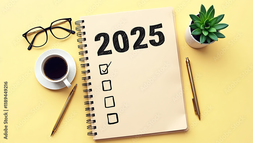 New year resolutions 2025 on desk. 2025 resolutions list with notebook ...