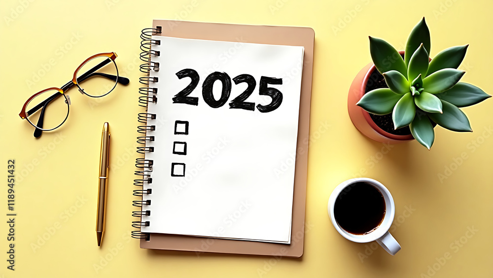 New year resolutions 2025 on desk. 2025 resolutions list with notebook ...