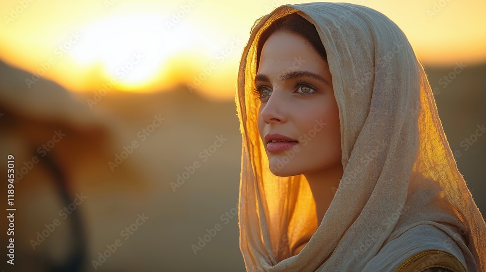 Beautiful woman in traditional attire. Desert sunset backdrop. Wears light beige headscarf ...
