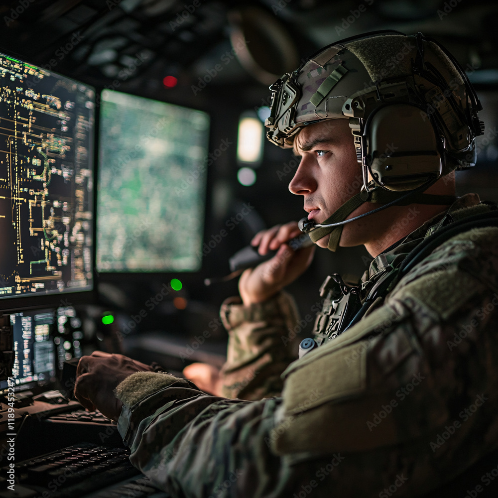 U.S. Army communication officer operating advanced technology in a ...
