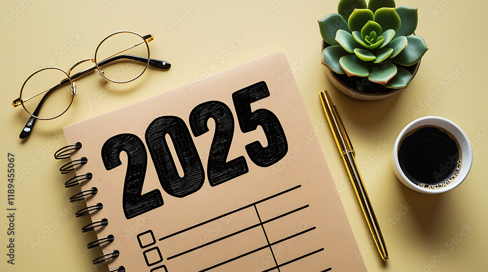 New year resolutions 2025 on desk. 2025 resolutions list with notebook ...